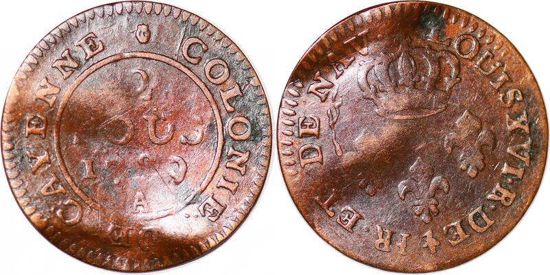 P1048 Guyane French Colonies 2 Sous Louis XV Cayenne 1789 A Pa ...
